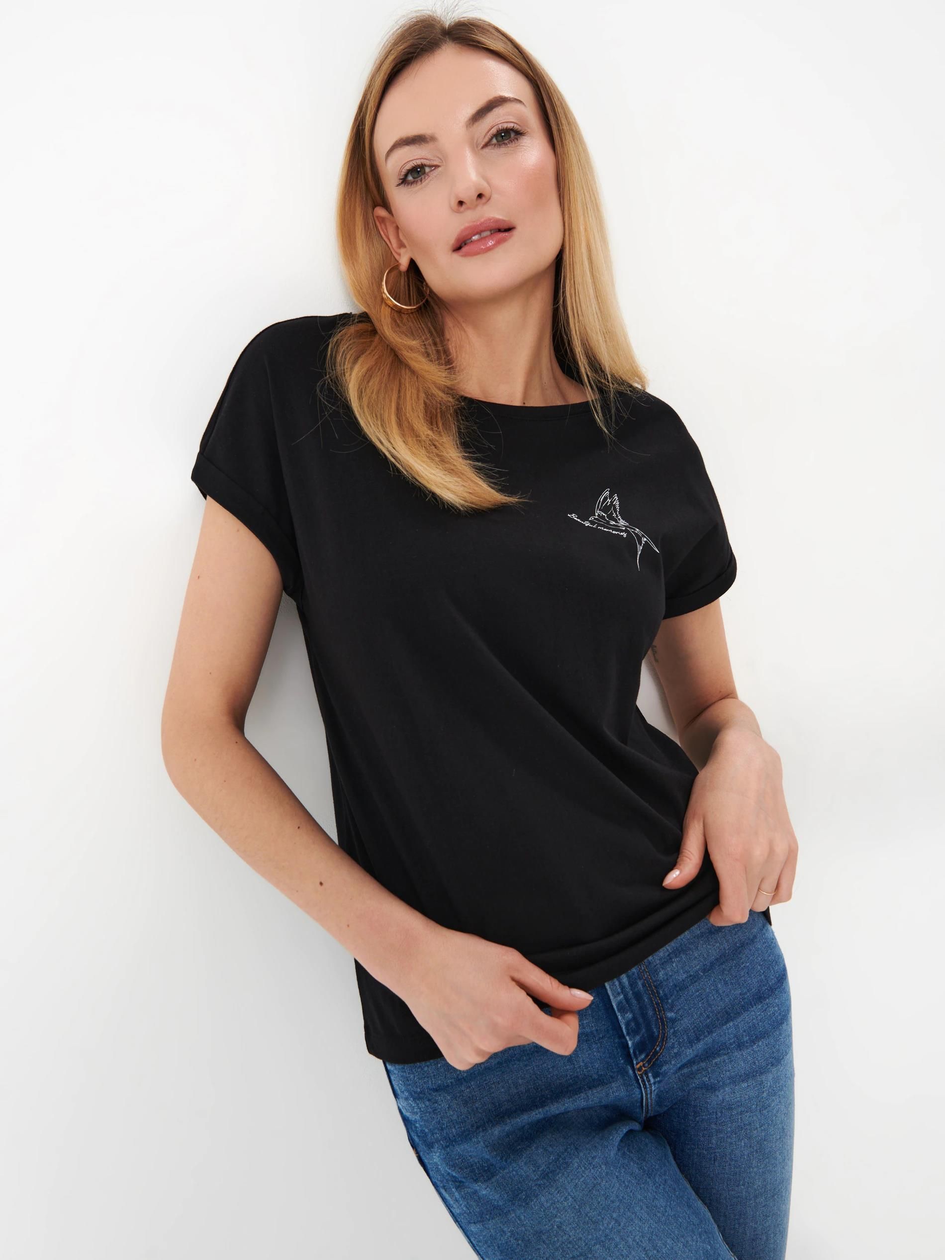 Mohito - Bawełniany t-shirt z nadrukiem - Czarny - Ceny i opinie - Ceneo.pl