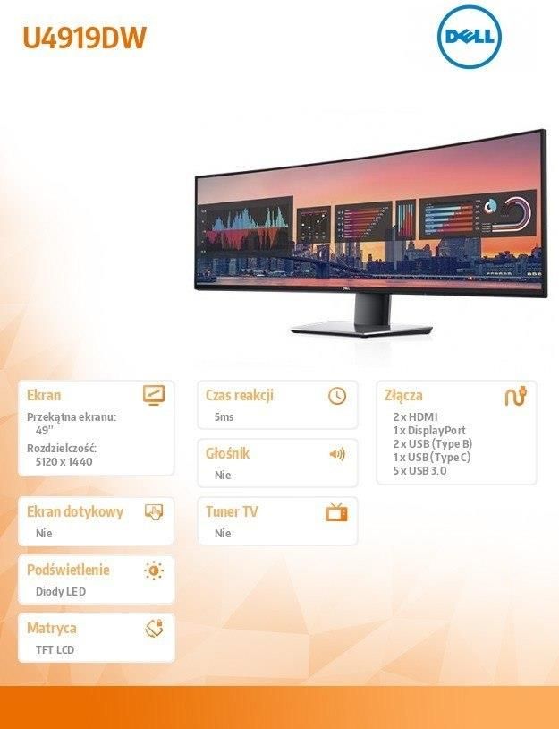 Monitor przemysłowy Monitor U4919Dw 49 Curved Qhd (5120X1440)/32:9 ...