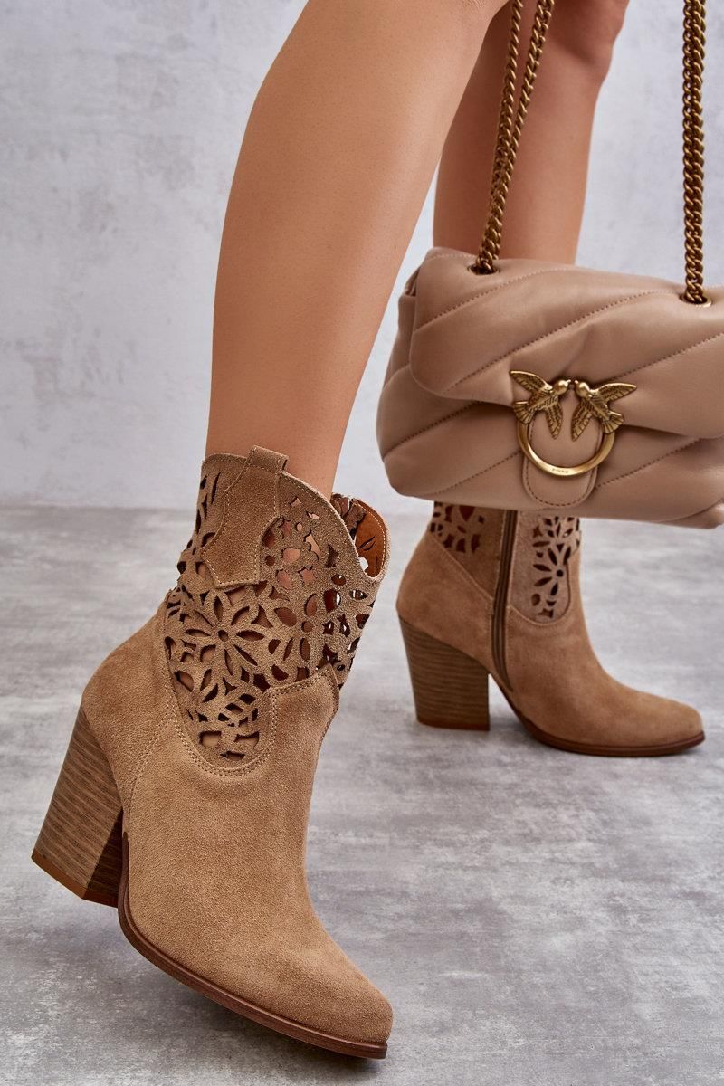 Zamszowe Ażurowe Botki Kowbojki Lewski Shoes 3265 Ciemnobeżowe - Ceny i ...