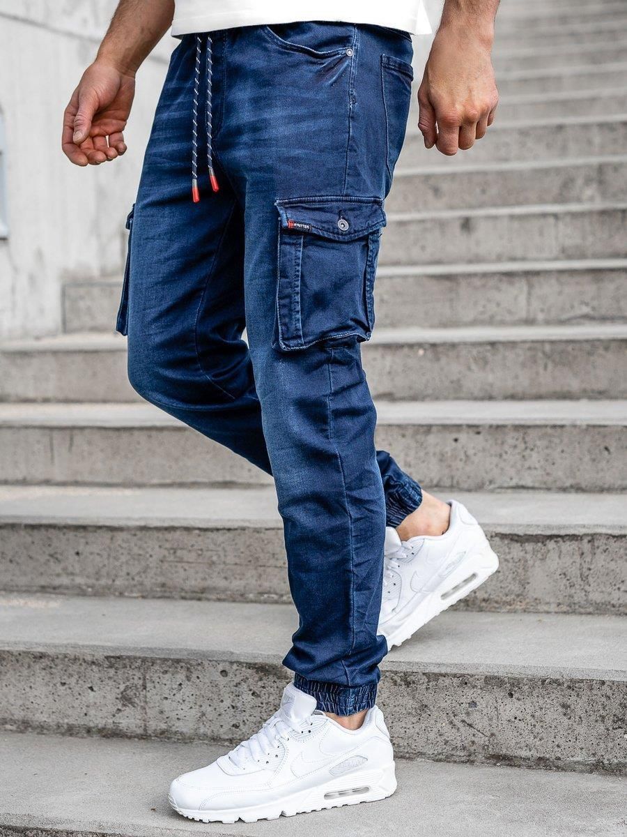 Granatowe spodnie jeansowe joggery bojówki męskie Denley R51001W0 ...