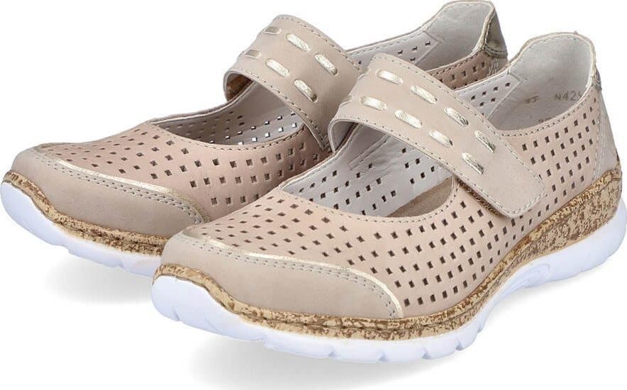 Rieker Skórzane półbuty damskie letnie na rzep beżowe Rieker N4257-60 ...