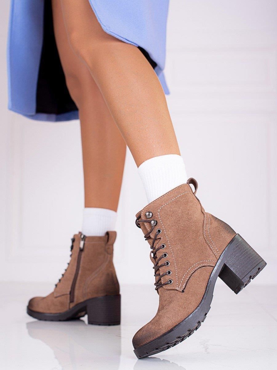 W. Potocki Sznurowane botki na obcasie damskie Potocki zamszowe brązowe ...