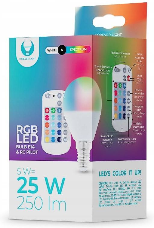 Forever Light Żarówka LED E14 G45 RGB + Biały 5W z pilotem 250lm ...