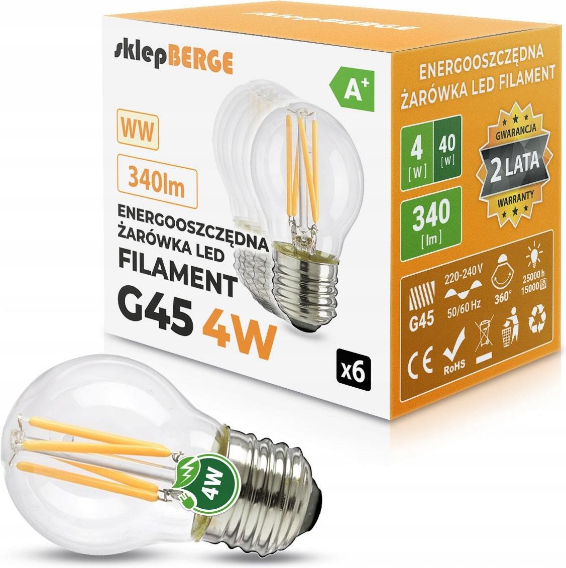 Berge 6x Żarówka Led E27 G45 4w Filament Edison Ozdobna