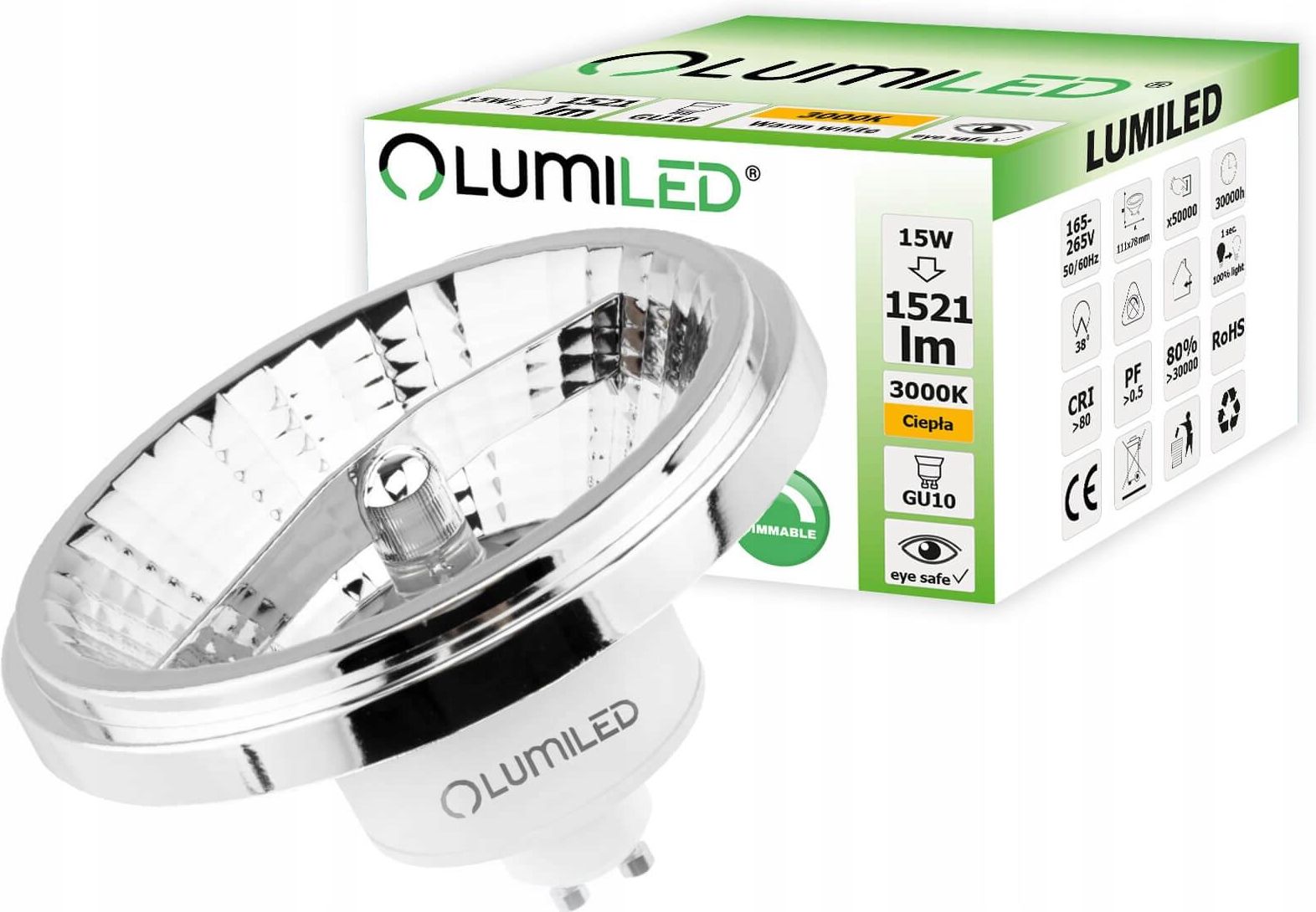 Lumiled Żarówka Led GU10 AR111 15W 100W 3000K Ściemnialna (729691SREBRNAES111CIEPŁABARWA ...