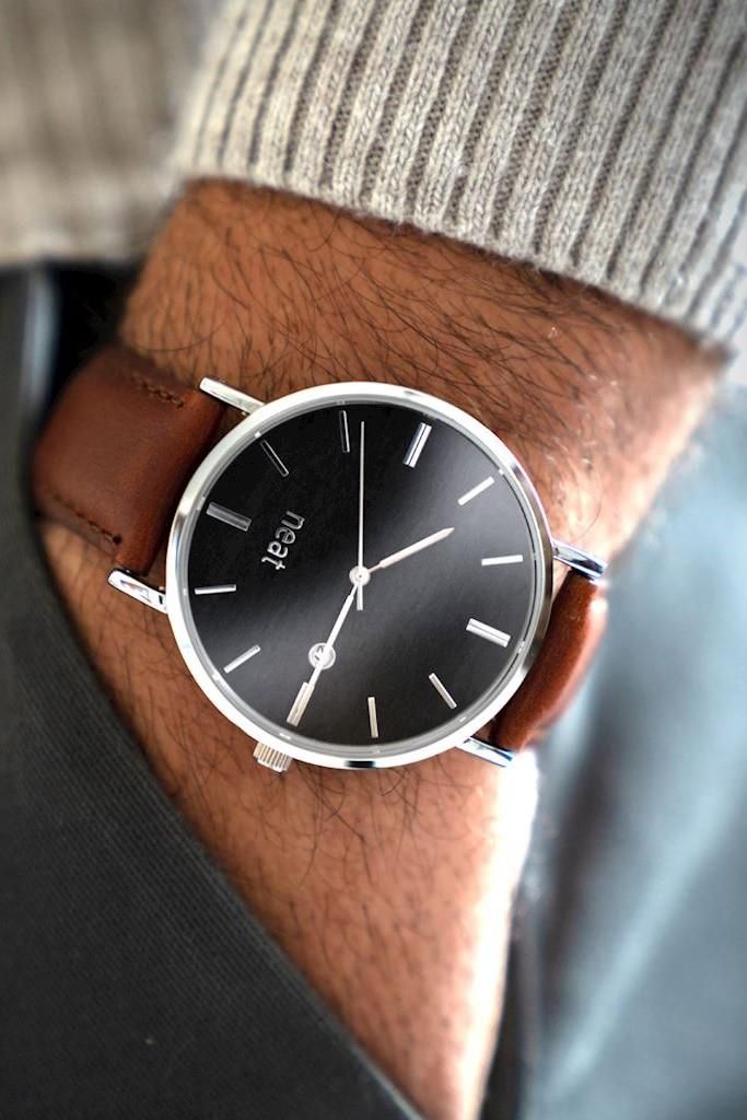 Neat Brand Elegancki męski stalowy ze skórzanym paskiem - Zegarki ...