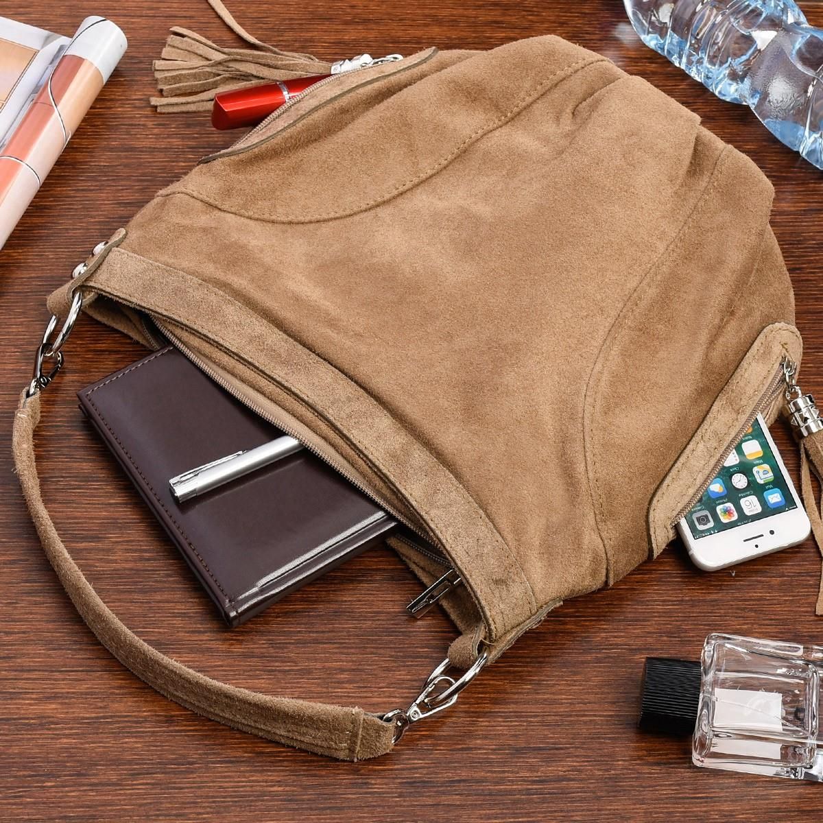 Taupe zamszowa torebka damska skórzana worek frędzel A5 modna L81 ...