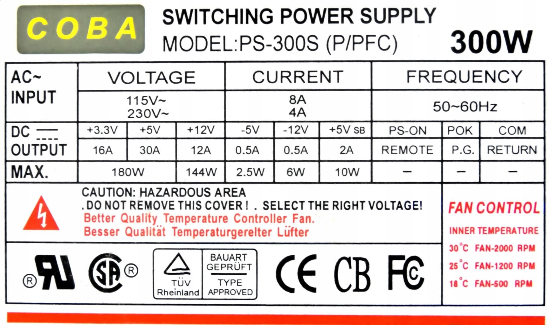 Zasilacz do obudowy serwerowej Coba Zasilacz Ps-300S 300 Wat Atx 20-Pin Aux Molex (PS300S ...