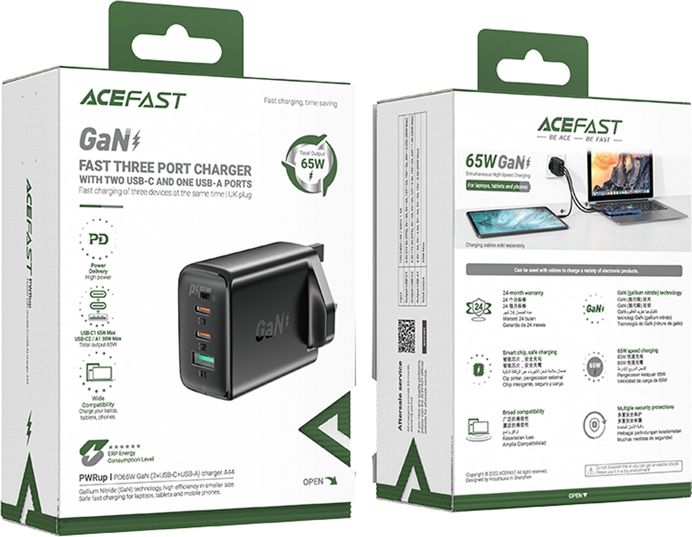 Ładowarka do telefonu Acefast ładowarka GaN 65W 3 porty (1xUSB, 2xUSB C ...