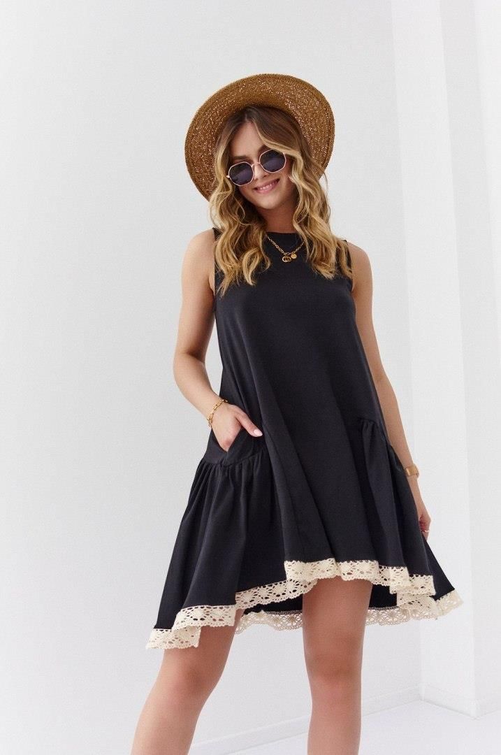 Fasardi Sukienka Z Falbaną I Gipiurą Czarna 2571 - Ceneo.pl