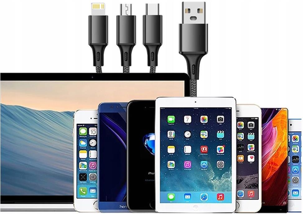 KABEL USB 3W1 DO IPHONE MICRO USB TYPE-C 1,2M - Opinie i ceny na Ceneo.pl