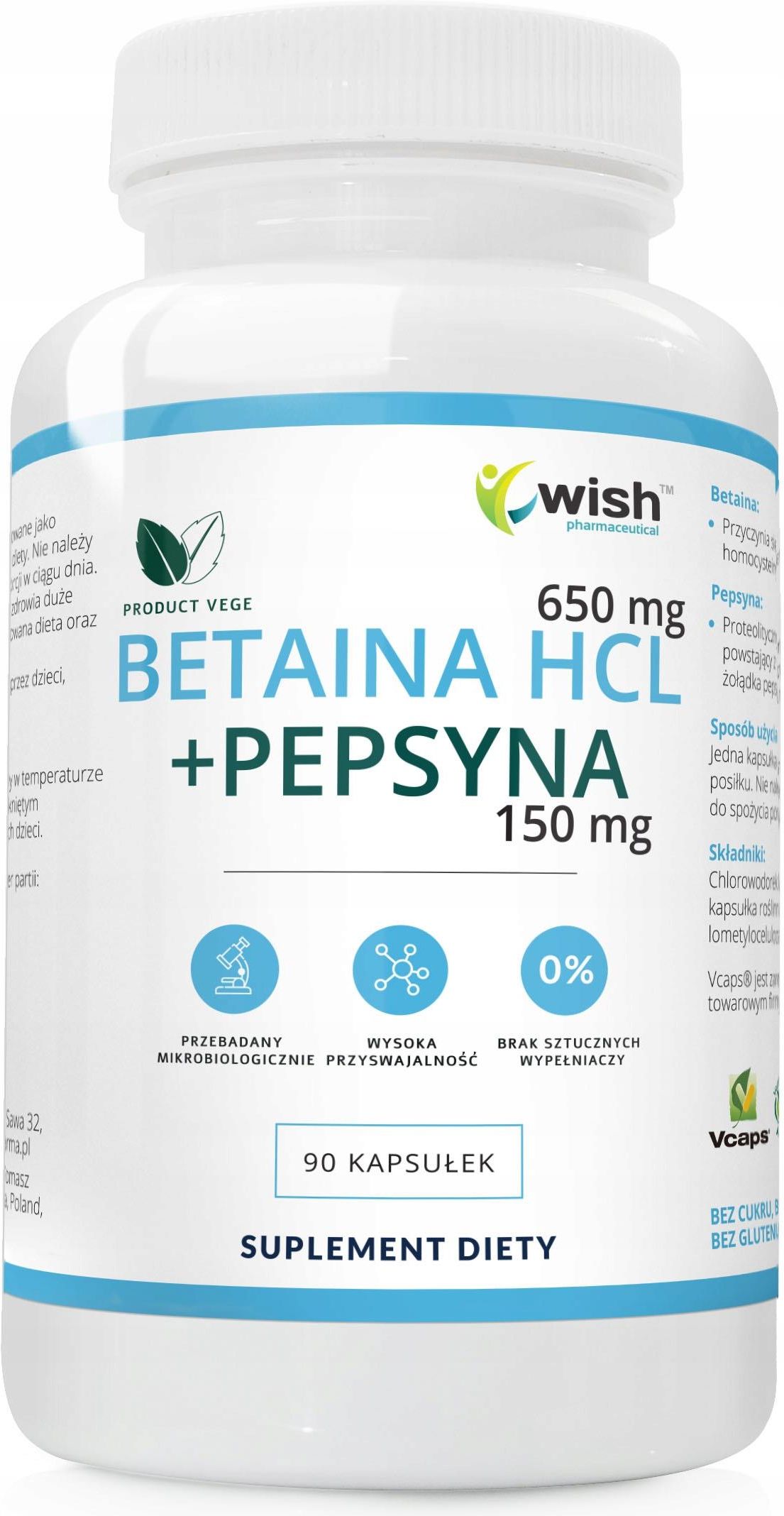 Wish Pharmaceutical Betaine 650mg Hcl Pepsyna Betaina Trawienie 90kaps ...