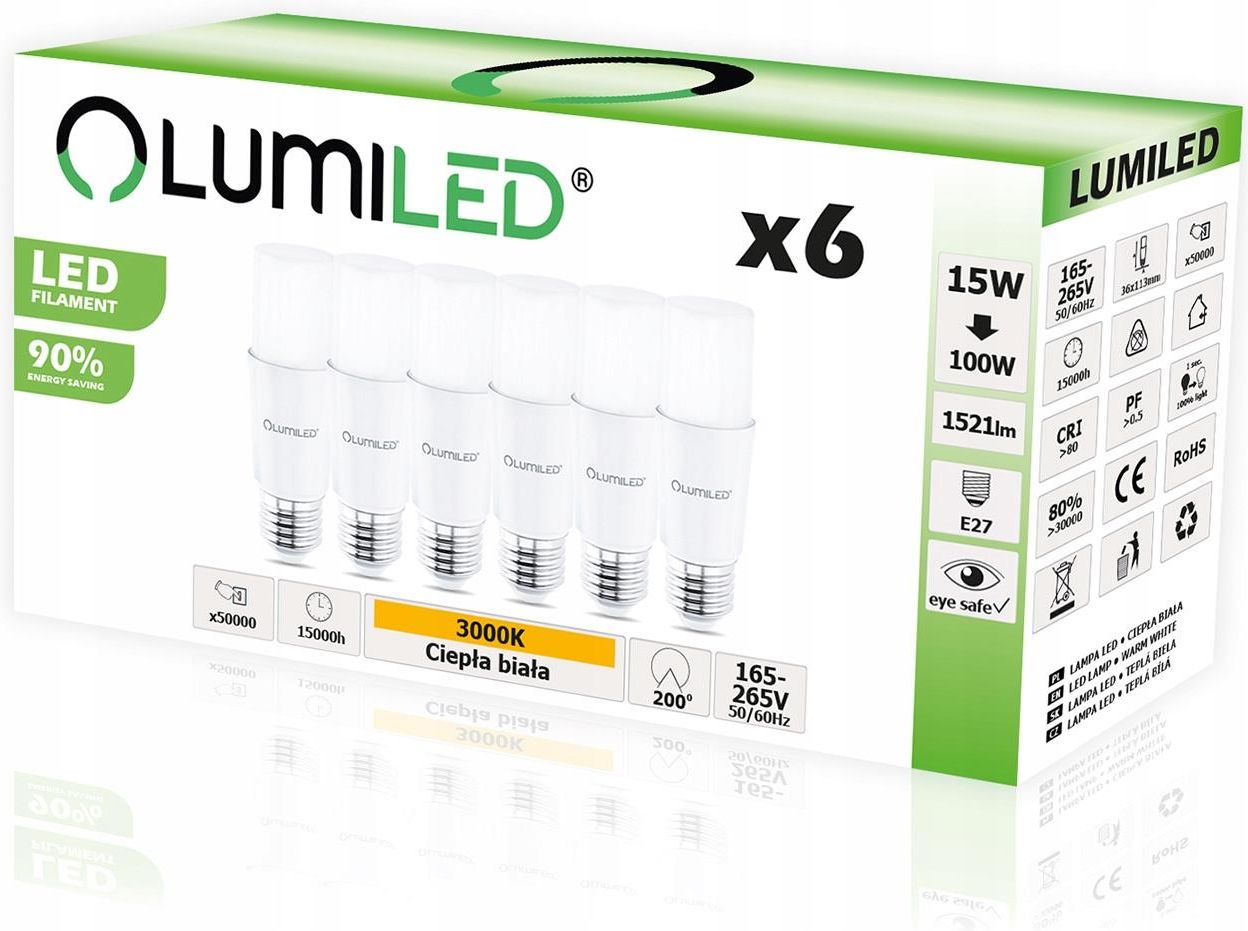 Lumiled 6X Żarówka Led Stick E27 15W 100W 3000K Rurka ...