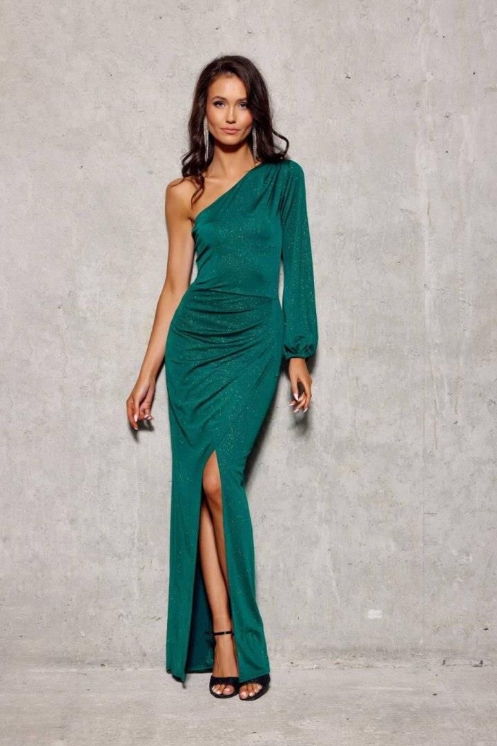 Roco Fashion Brokatowa Sukienka Maxi Z Rękawem Na Jedno Ramię Zie ...