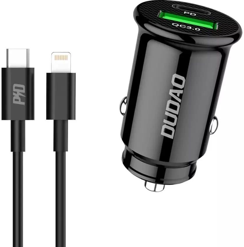 Dudao Szybka Ładowarka Samochodowa Z Portami Usb Qc3 0 + Typ C Pd Czarna + Kabel Usb C Lightning ...