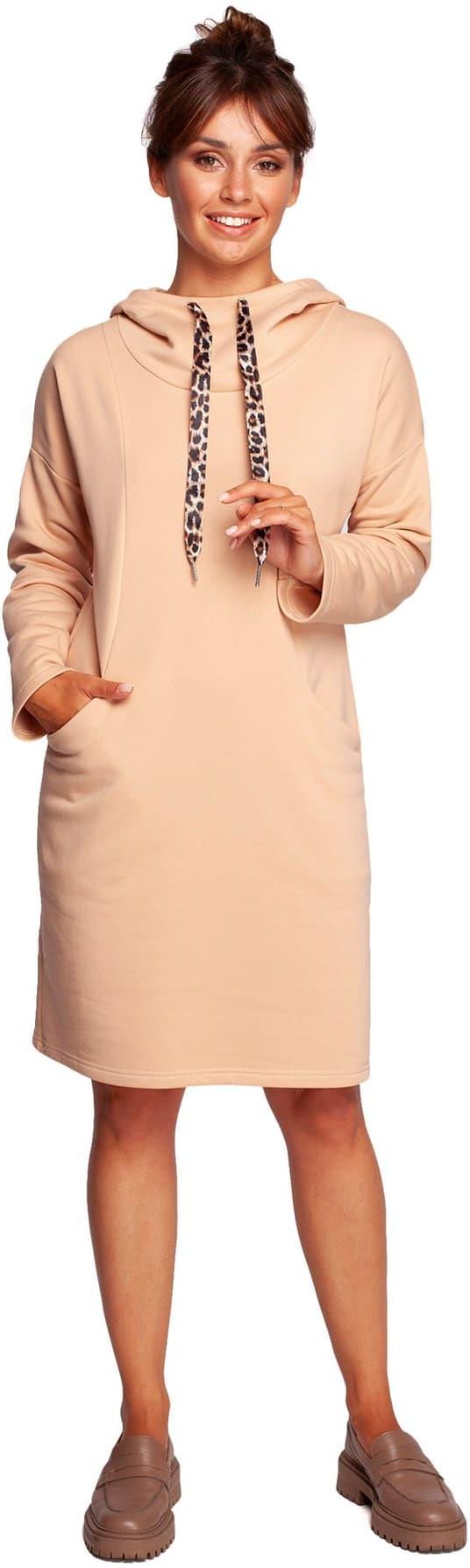 B238 Sukienka z wysokim kołnierzem i kieszeniami - beżowa (kolor beżowy ...