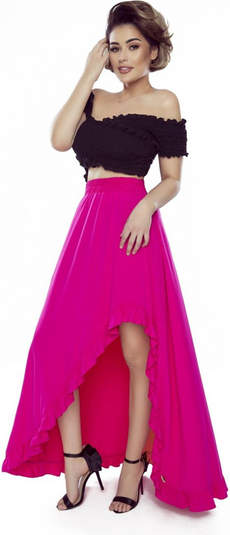 426-2 Asymetryczna maxi spódnica z falbanką - FUKSJA (kolor Fuksja ...