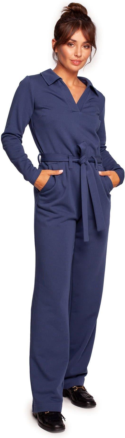 B248 Kombinezon z kołnierzem i paskiem - niebieski (kolor niebieski ...