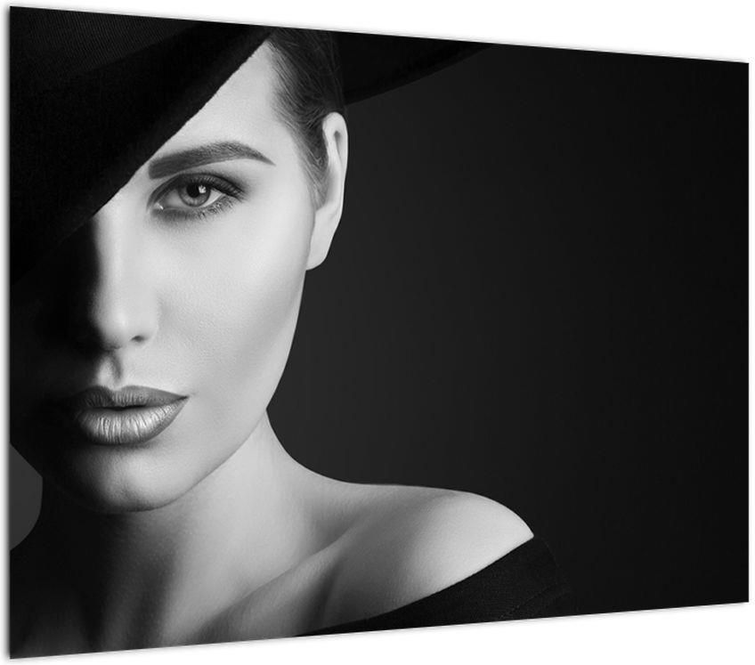 Domali Obraz na szkle Czarno biały portret kobiety w kapeluszu, jednoczęściowy 70x50 cm na szkle ...