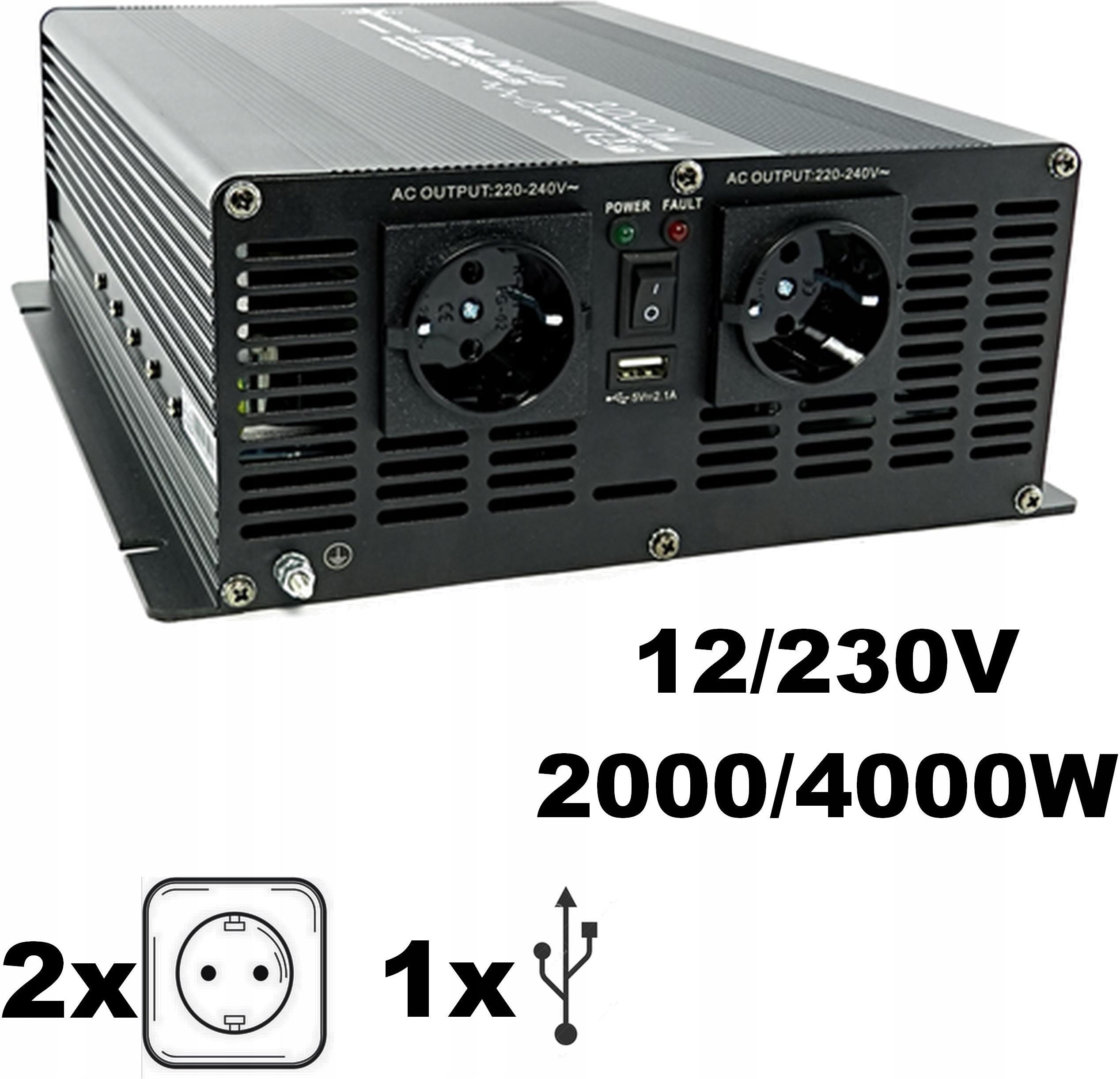 Przetwornica napięcia Solarvertech Inwerter Napięcia 12V 230V Moc 2000W ...