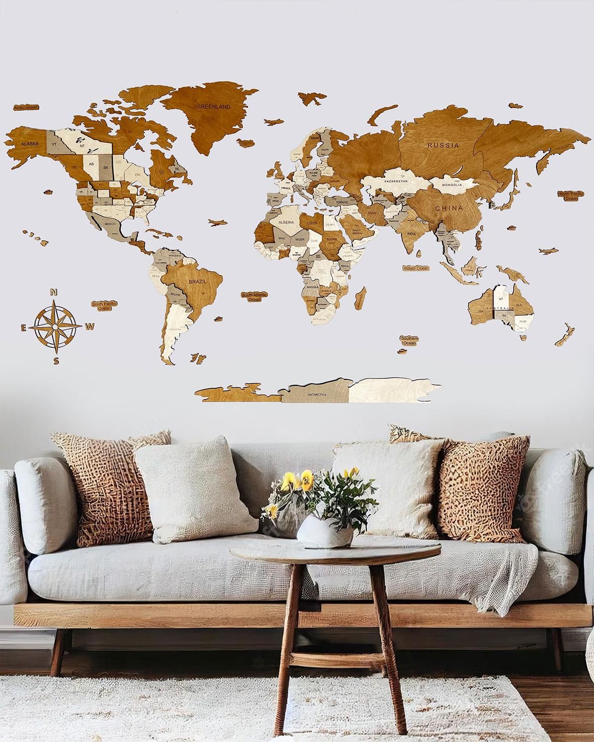 Mapa ścienna Sikorka.Net Drewniana Mapa 3D Na Ścianę , Creme 200X100Cm ...