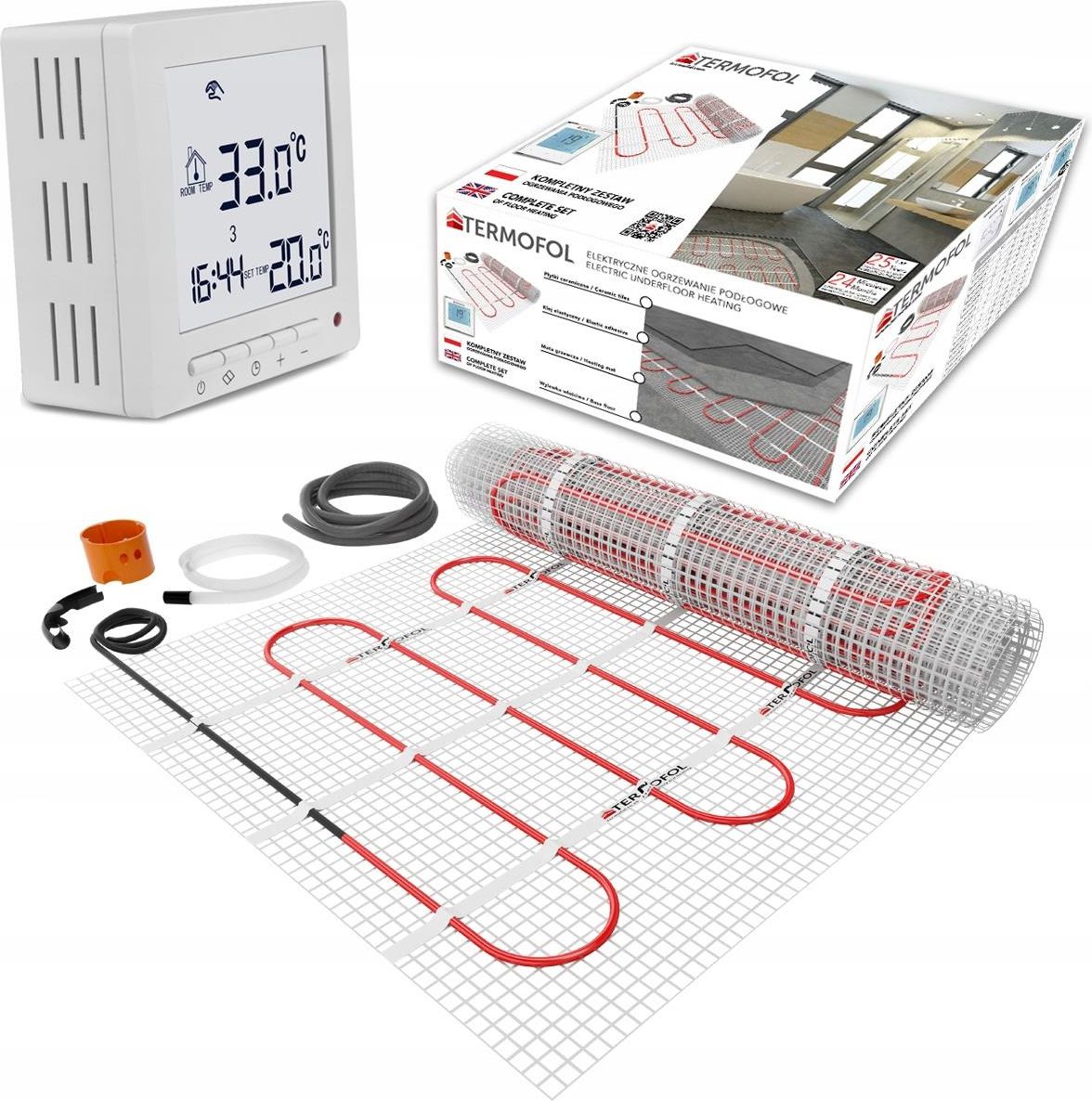 Ogrzewanie podłogowe Termofol Mata Grzewcza Zestaw 20m2 Termostat Tf-H2 150W TFHM150200H2 ...
