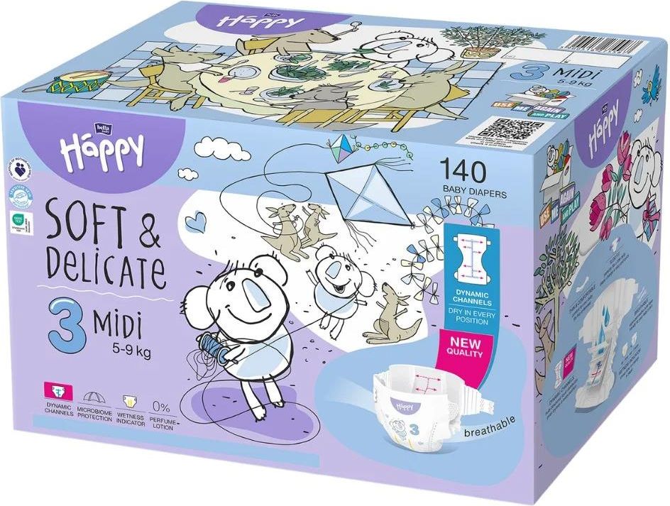 Bella Happy 3 Pieluszki Midi BOX 140 szt. - Pieluszki jednorazowe 3 dla ...