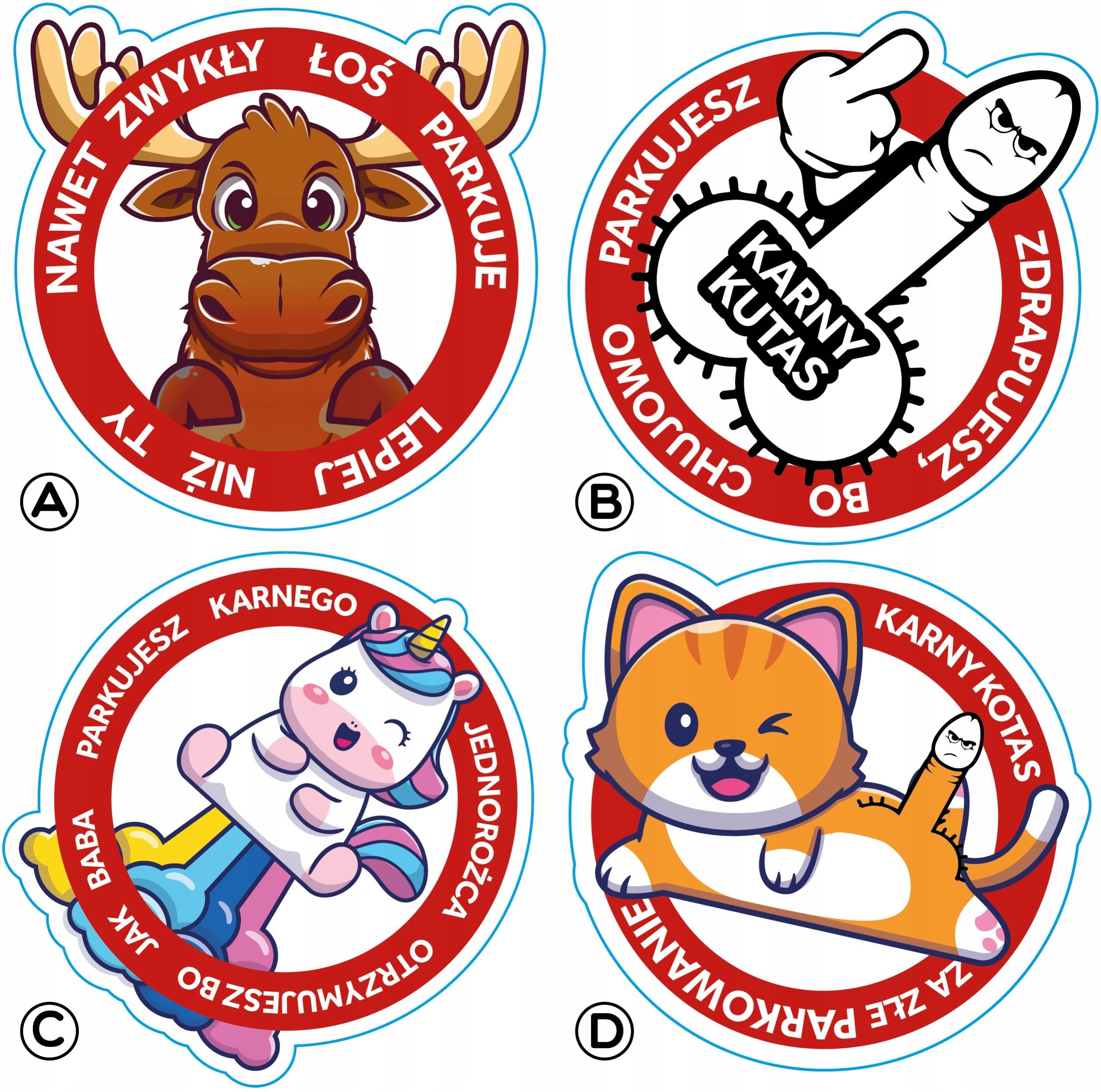 Tuning optyczny NAKLEJKI KARNY kutas, łoś, kot jednorożec - 50 SZT ...