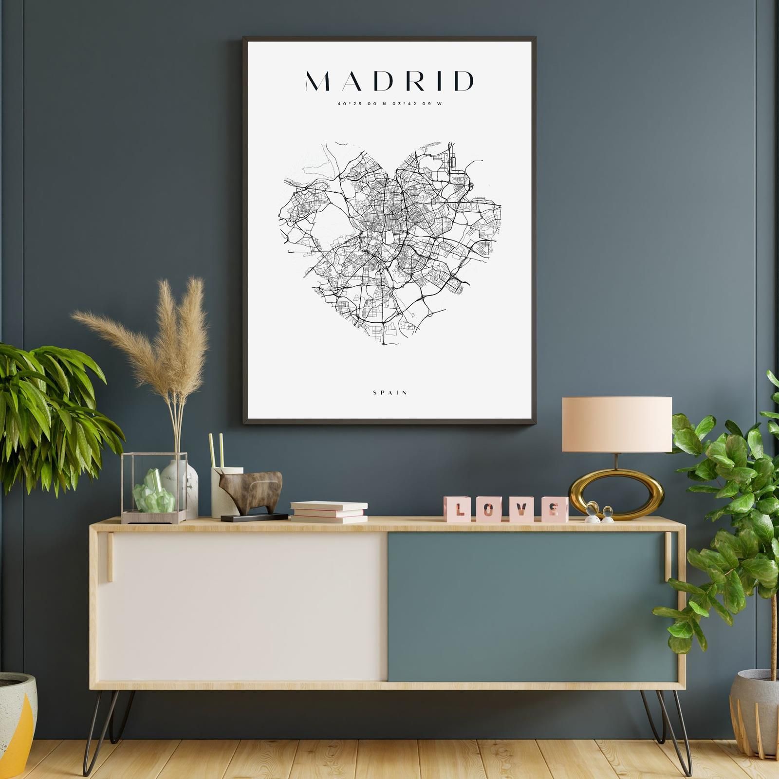 Mpink Plakat Mapa Miasta Madryt Serce 30x40 Cm + Ramka Turkusowe Morze ...