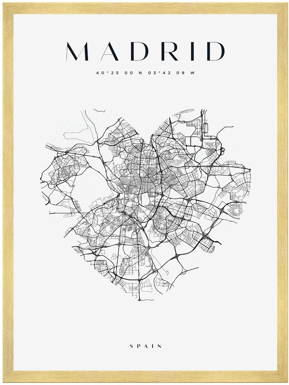 Mpink Plakat Mapa Miasta Madryt Serce 40x50 Cm + Ramka Złota 15080 ...