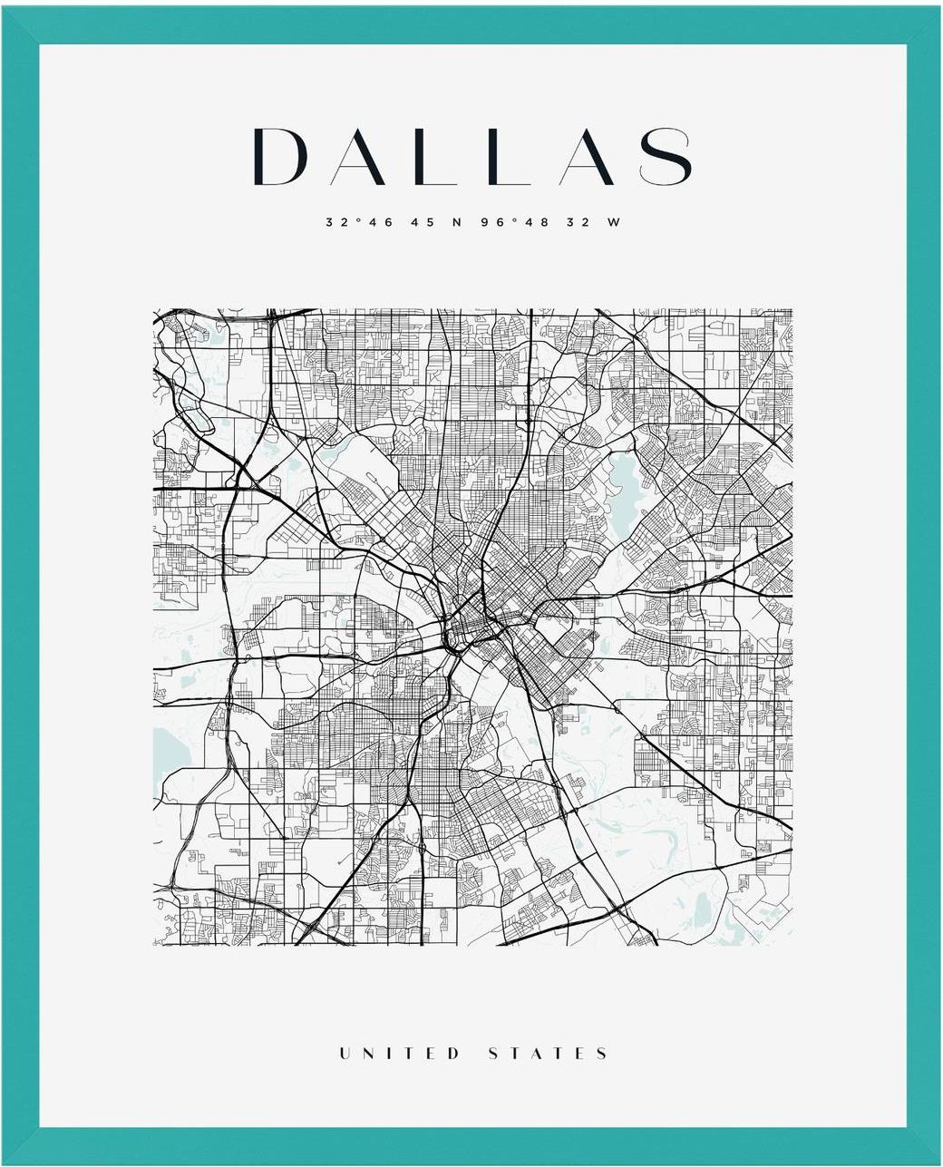 Mpink Plakat Mapa Miasta Dallas Kwadrat 24x30 Cm + Ramka Turkusowe ...