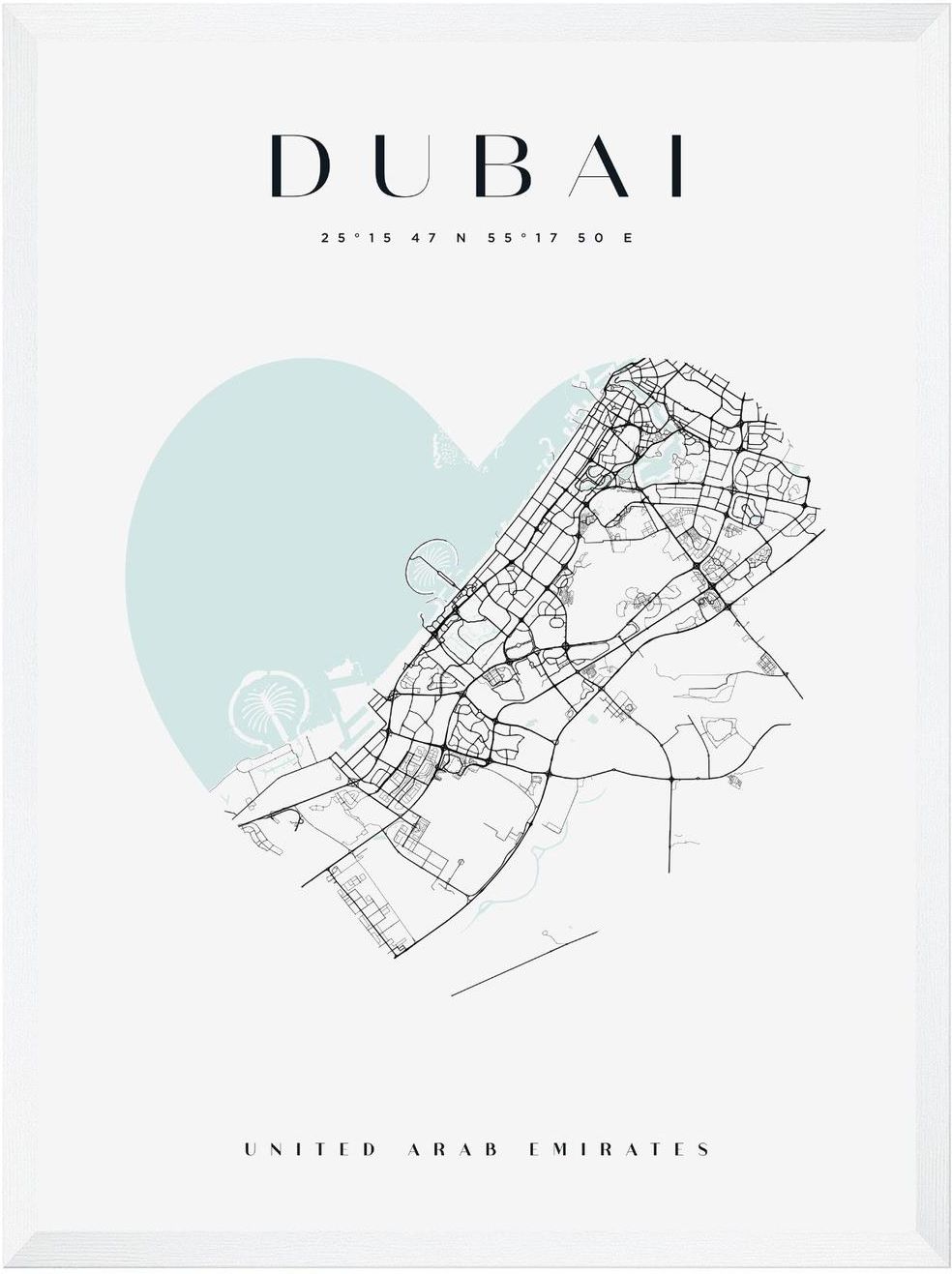 Mpink Plakat Mapa Miasta Dubaj Serce 50x70 Cm + Ramka Biała 11213 ...