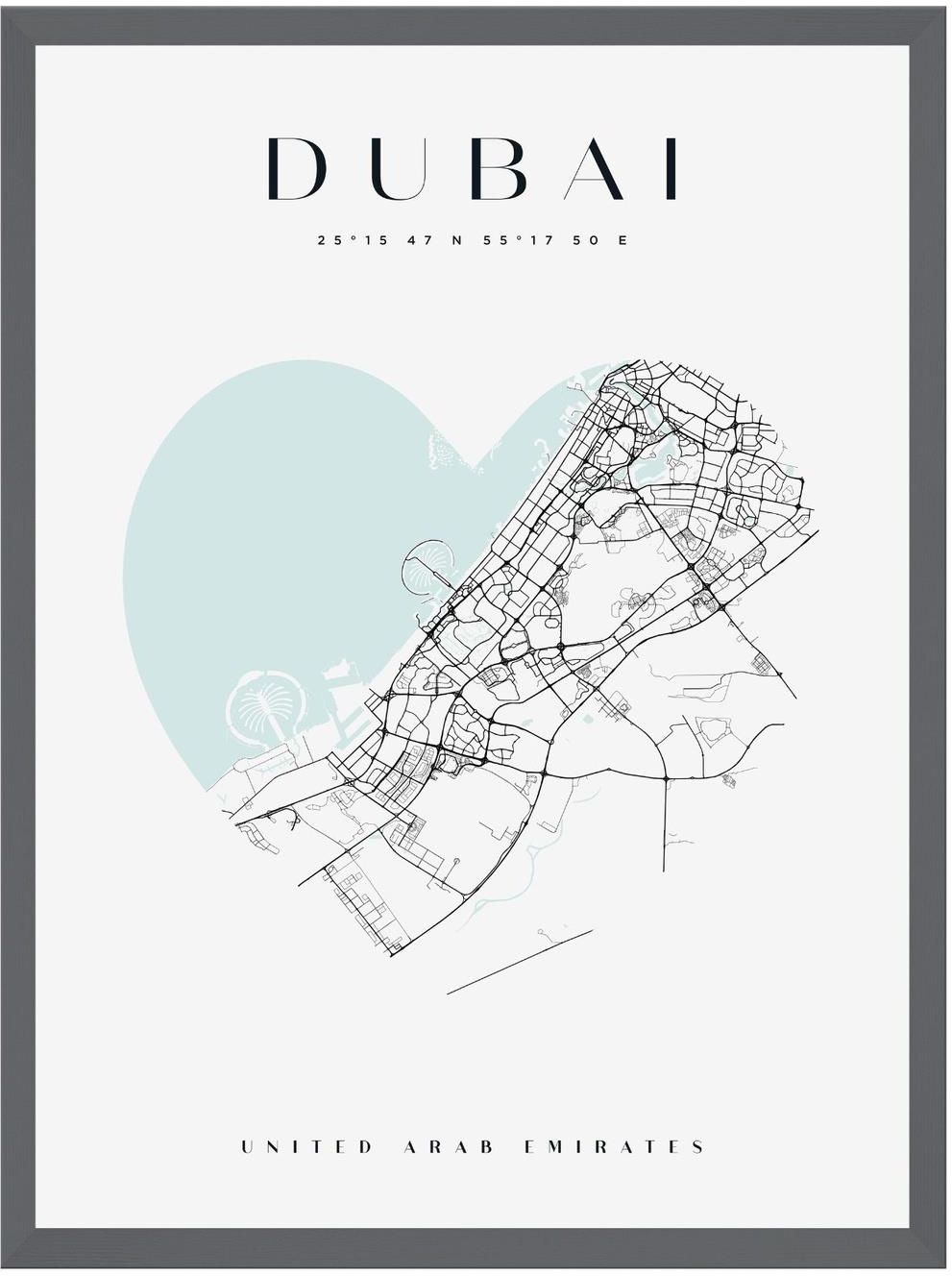 Mpink Plakat Mapa Miasta Dubaj Serce 24x30 Cm + Ramka Kamienna Szarość ...
