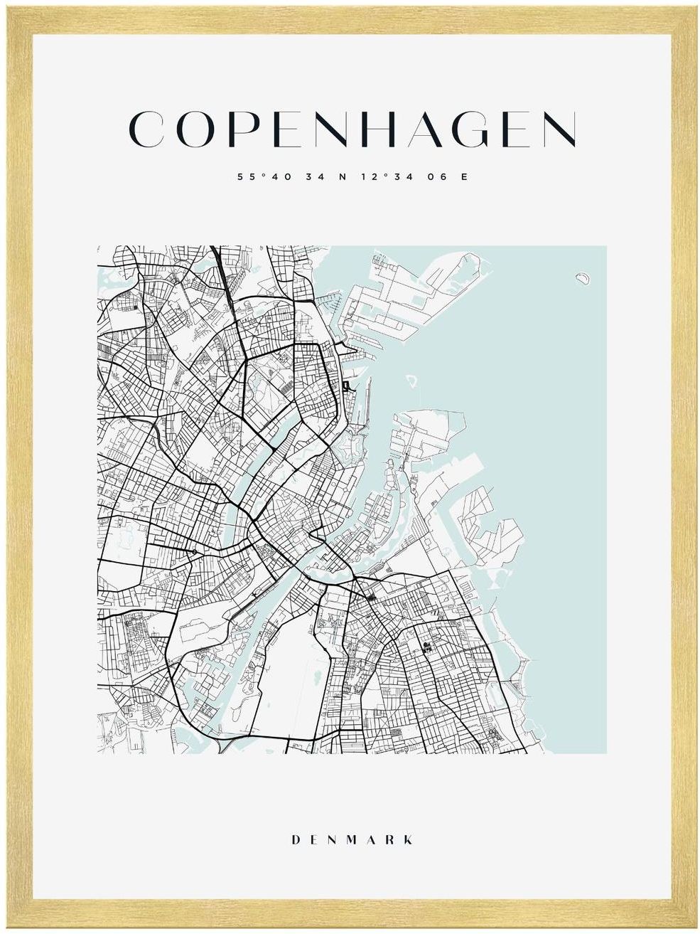 Mpink Plakat Mapa Miasta Kopenhaga Kwadrat 24x30 Cm + Ramka Złota 13264 ...