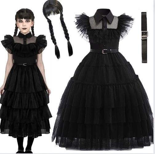 Ekowital Strój Wednesday Addams Kostium Suknia +Per 134-140 - Ceny i ...