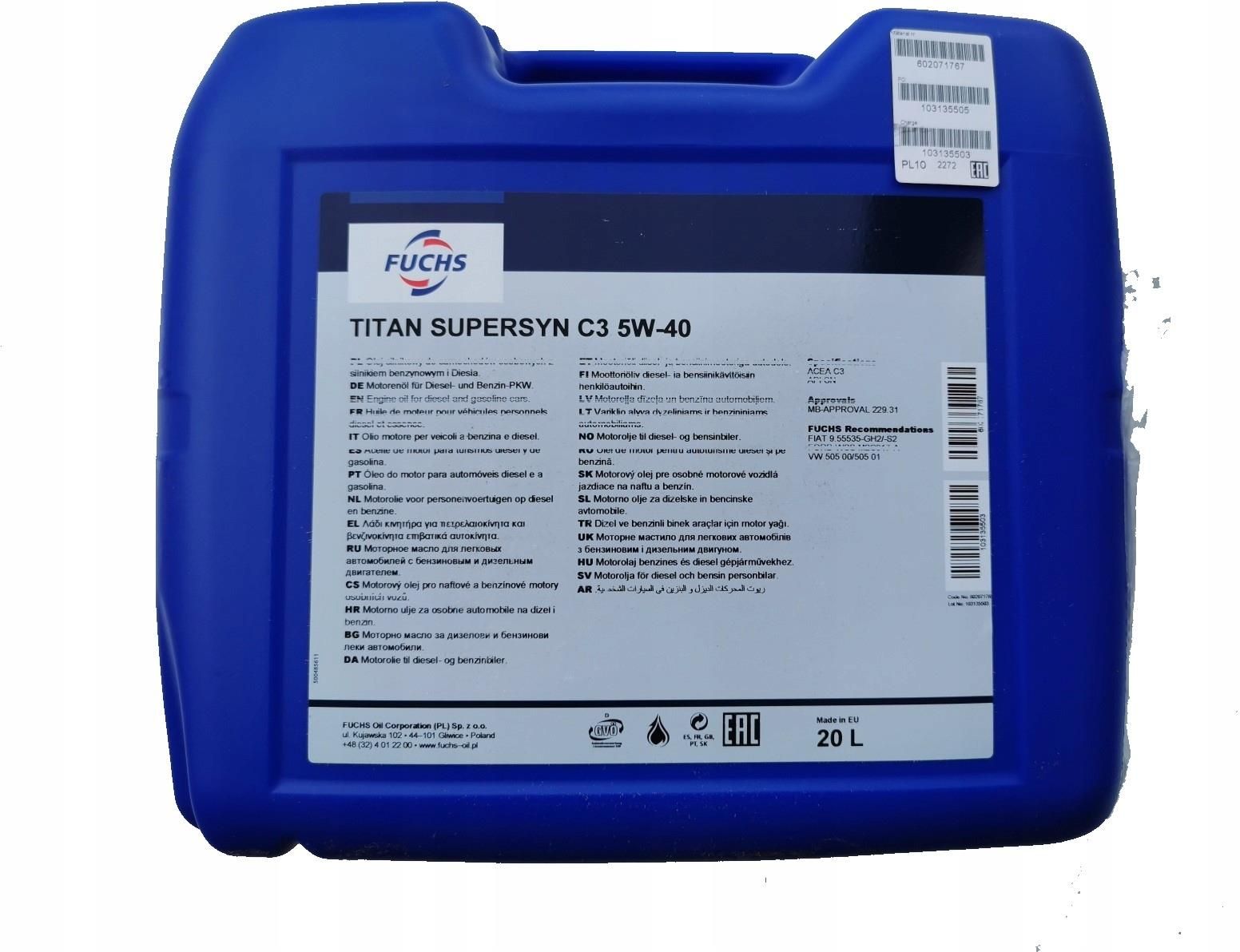 Fuchs Titan Supersyn C3 5W40 20l - opinie i ceny na Ceneo.pl