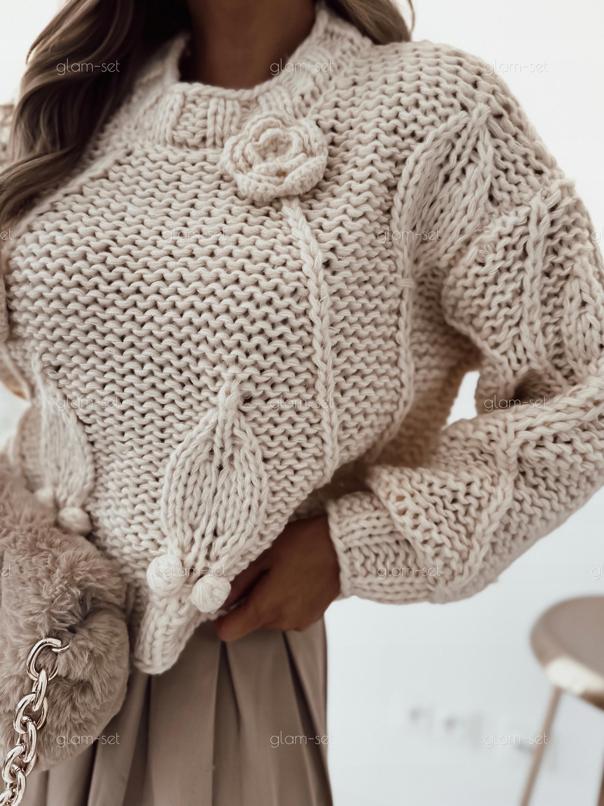 Sweter Damski Gruby Splot Z Kwiatem Beżowy - Ceny i opinie - Ceneo.pl