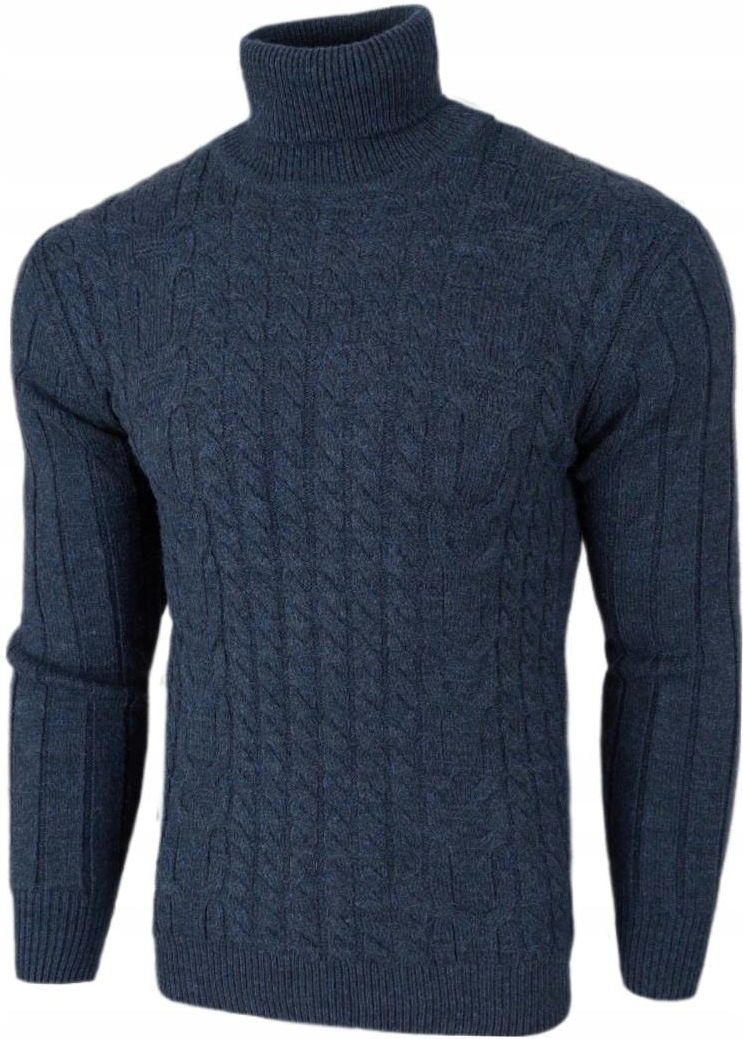 Sweter męski Golf gruby Ciepły Miły w dotyku Zimowy Wełna Granatowy r ...