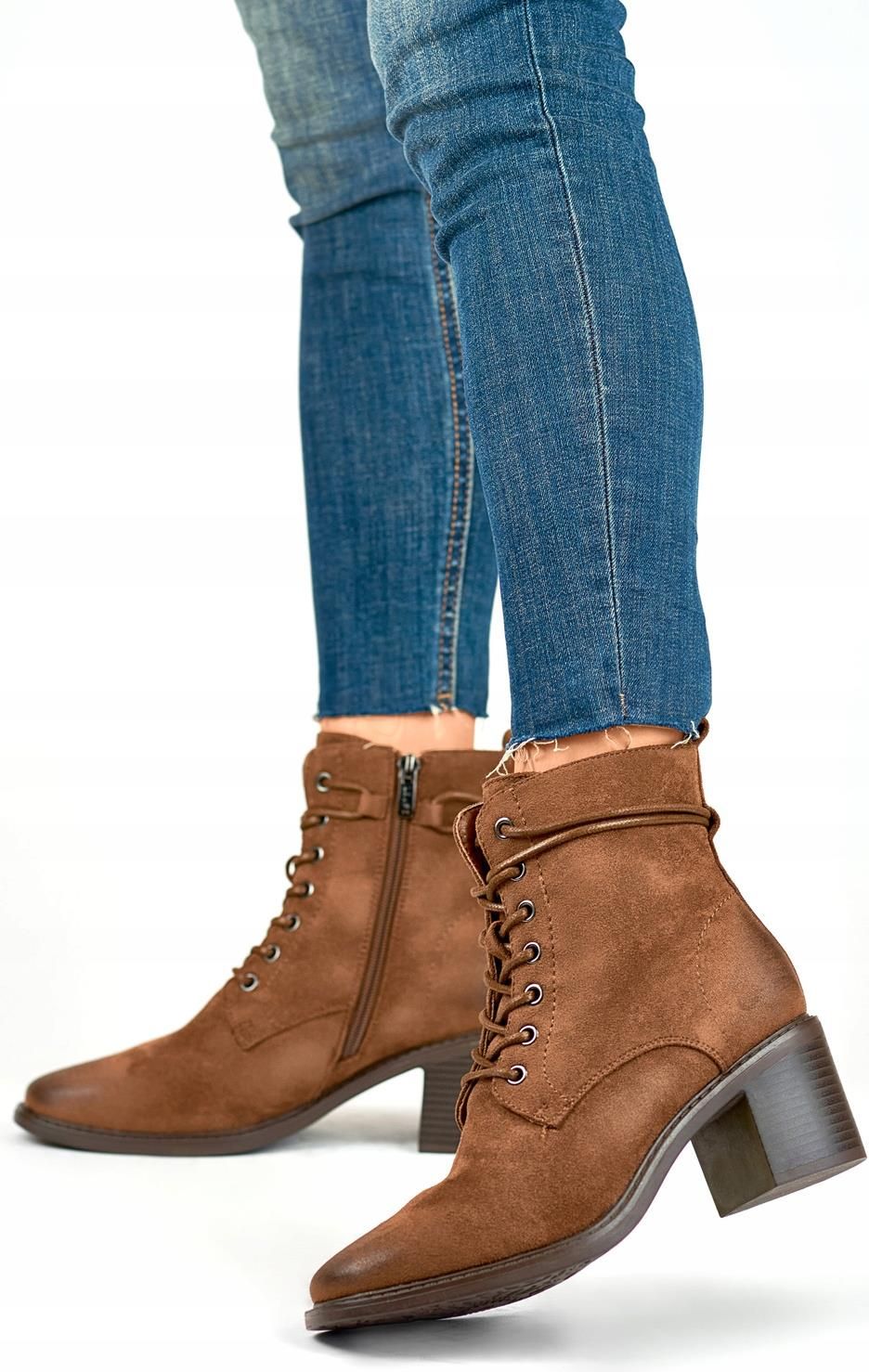 Brązowe wiązane botki na niskim słupku 40 - Ceny i opinie - Ceneo.pl