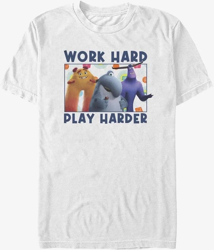 Queens Pixar Monsters At Work - Play Hard Unisex T-Shirt White - Ceny i ...