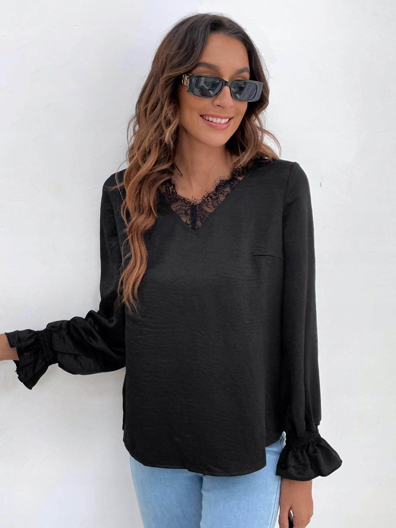 Z Marszczeniem I Koronką S LC65215 *shein Czarna Bluzka - Ceny i opinie - Ceneo.pl