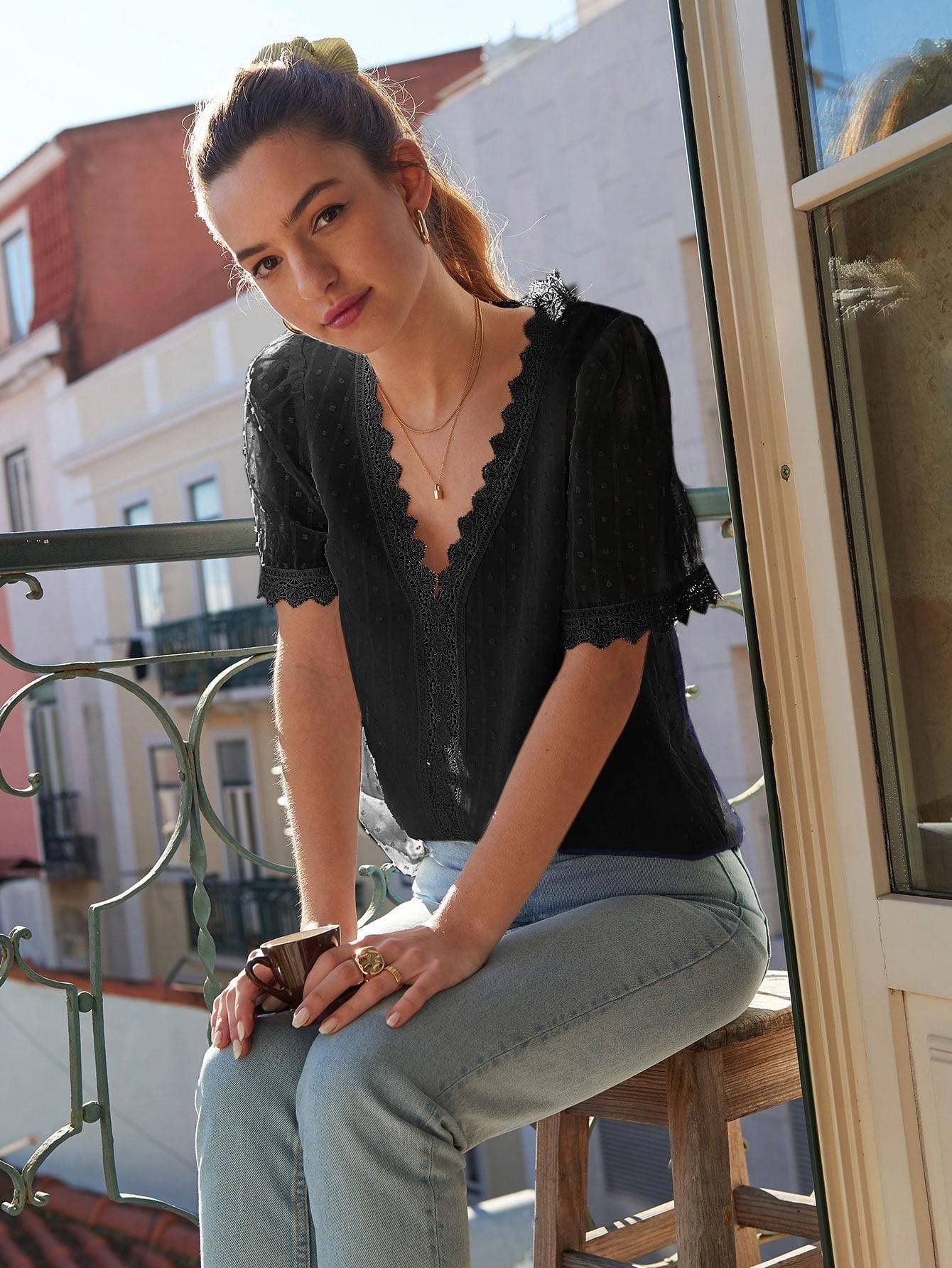 Bluzka Z Koronką L LC15302 *shein Czarna - Ceny i opinie - Ceneo.pl