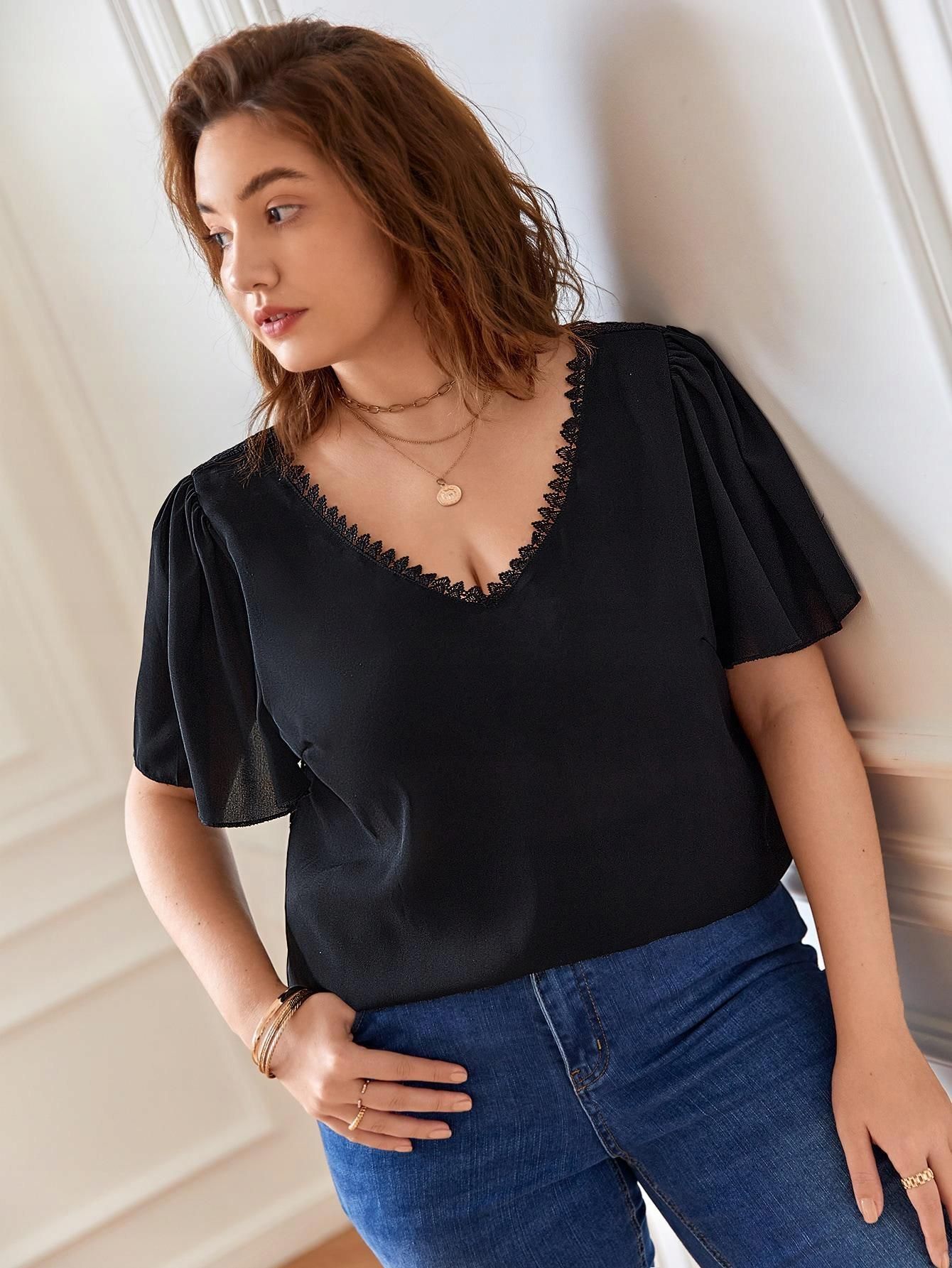 Rękaw Wiązanie Haft Koronka Ezv NF9__48 Shein Czarna Luźna Bluzka Krótki - Ceny i opinie - Ceneo.pl