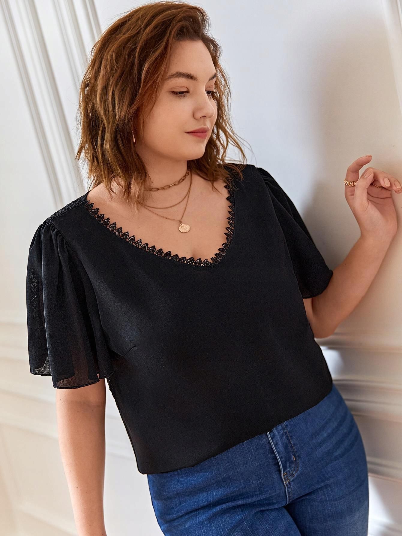 Rękaw Wiązanie Haft Koronka Ezv NF9__48 Shein Czarna Luźna Bluzka Krótki - Ceny i opinie - Ceneo.pl