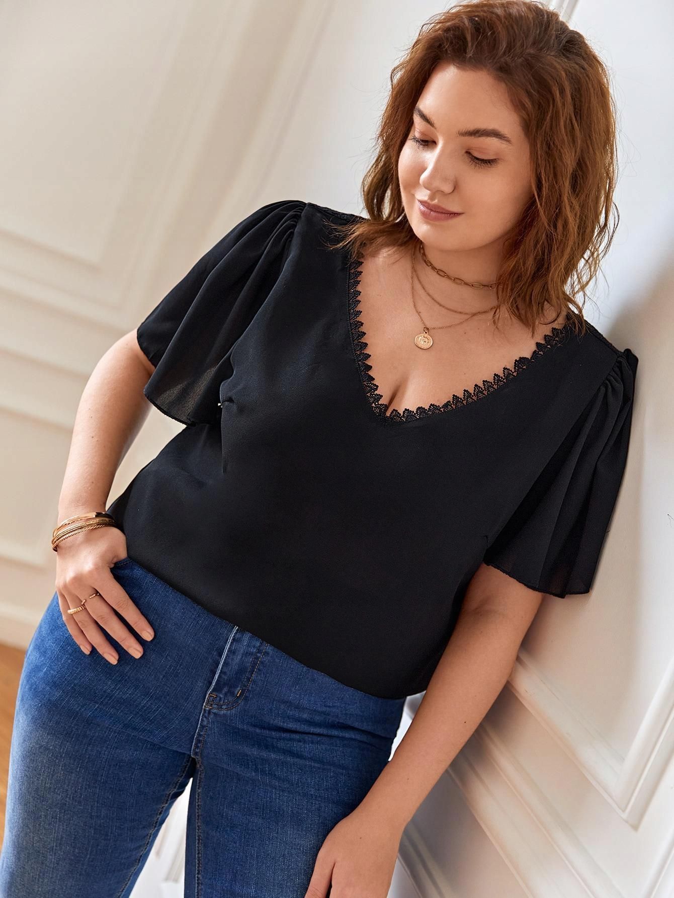 Rękaw Wiązanie Haft Koronka Ezv NF9__48 Shein Czarna Luźna Bluzka Krótki - Ceny i opinie - Ceneo.pl