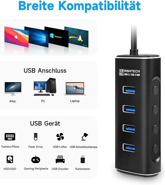 Hub USB RSHTECH A104 koncentrator HUB USB 3.1 10 Gbps z zasilaczem 10W ...