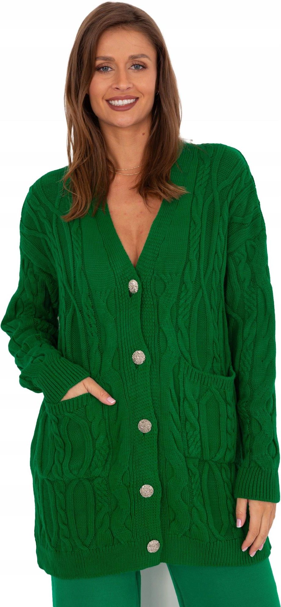 Luźny Rozpinany Sweter damski gładki w warkocze Kieszenie - Ceny i ...