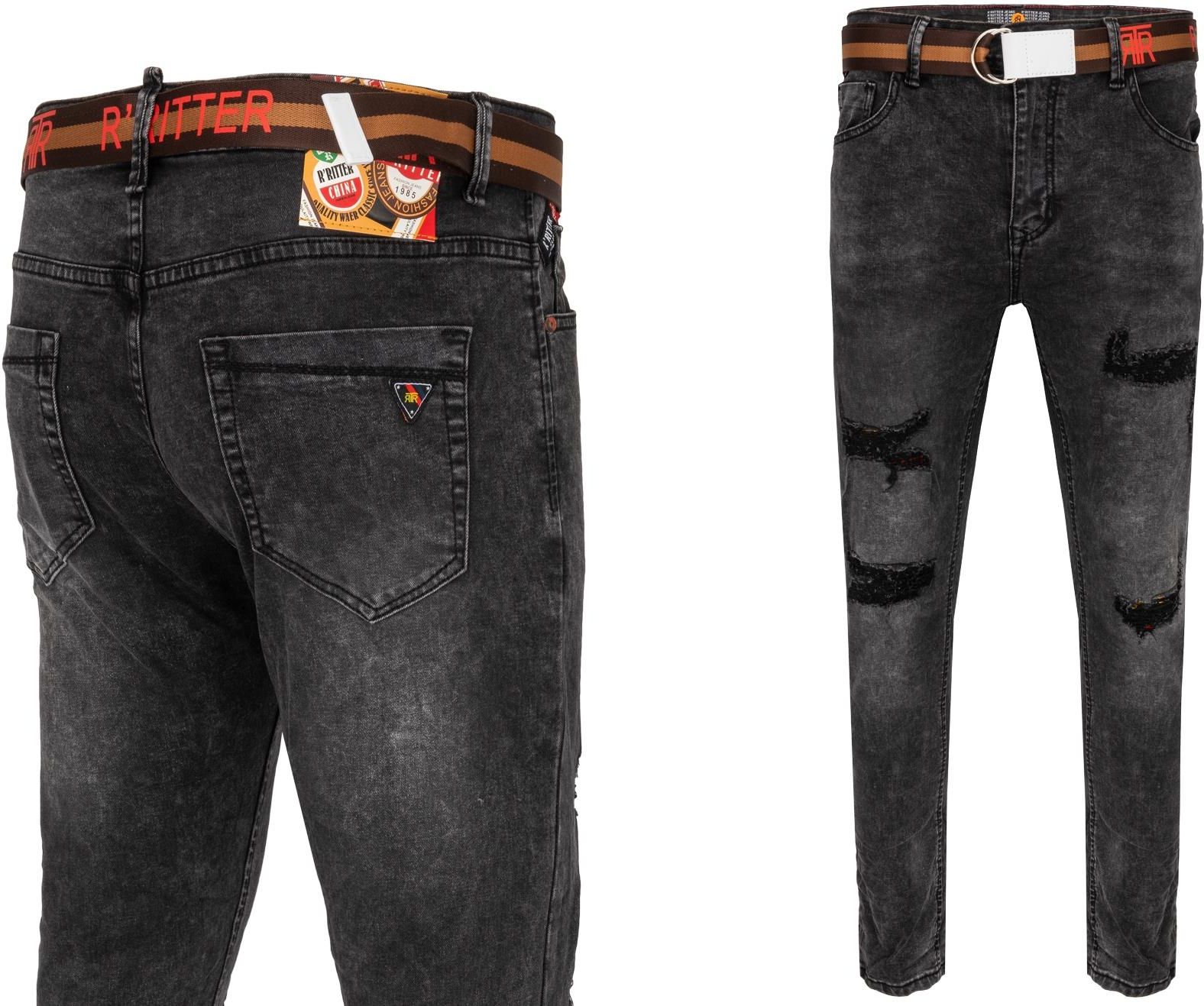 Spodnie Męskie Jeansowe Szare Rurki Dziury Przecierane Napisy Slim: 31 ...