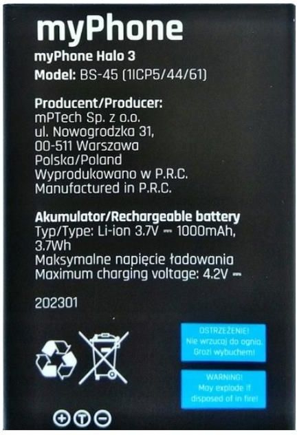 Bateria Oryginalna bateria BS-45 do myPhone Halo 3 1000mAh - Opinie i ...