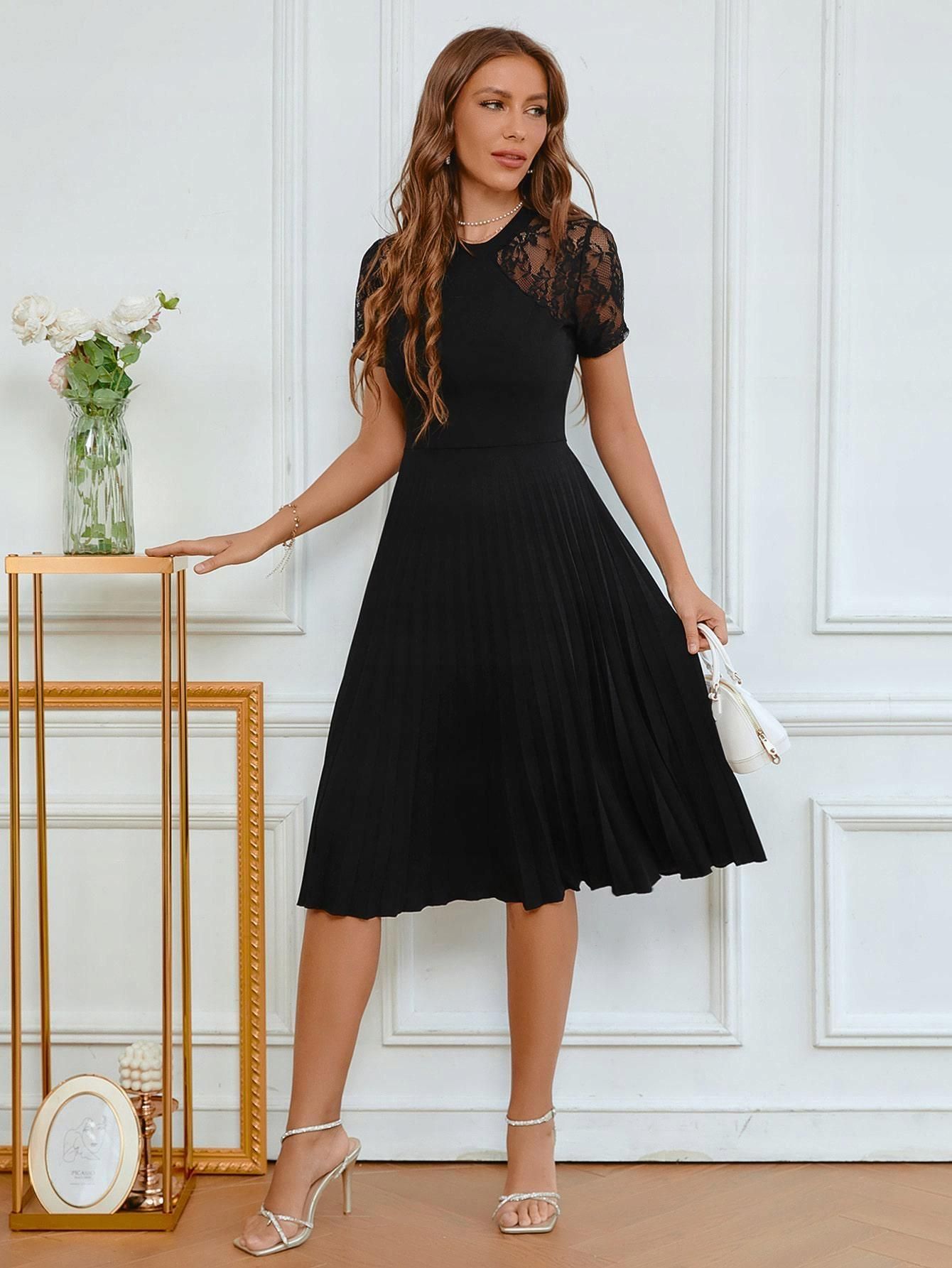 Plisy Wstawka Koronka J20 NF9__XS Shein Czarna Rozkloszowana MIDI Sukienka - Ceny i opinie ...